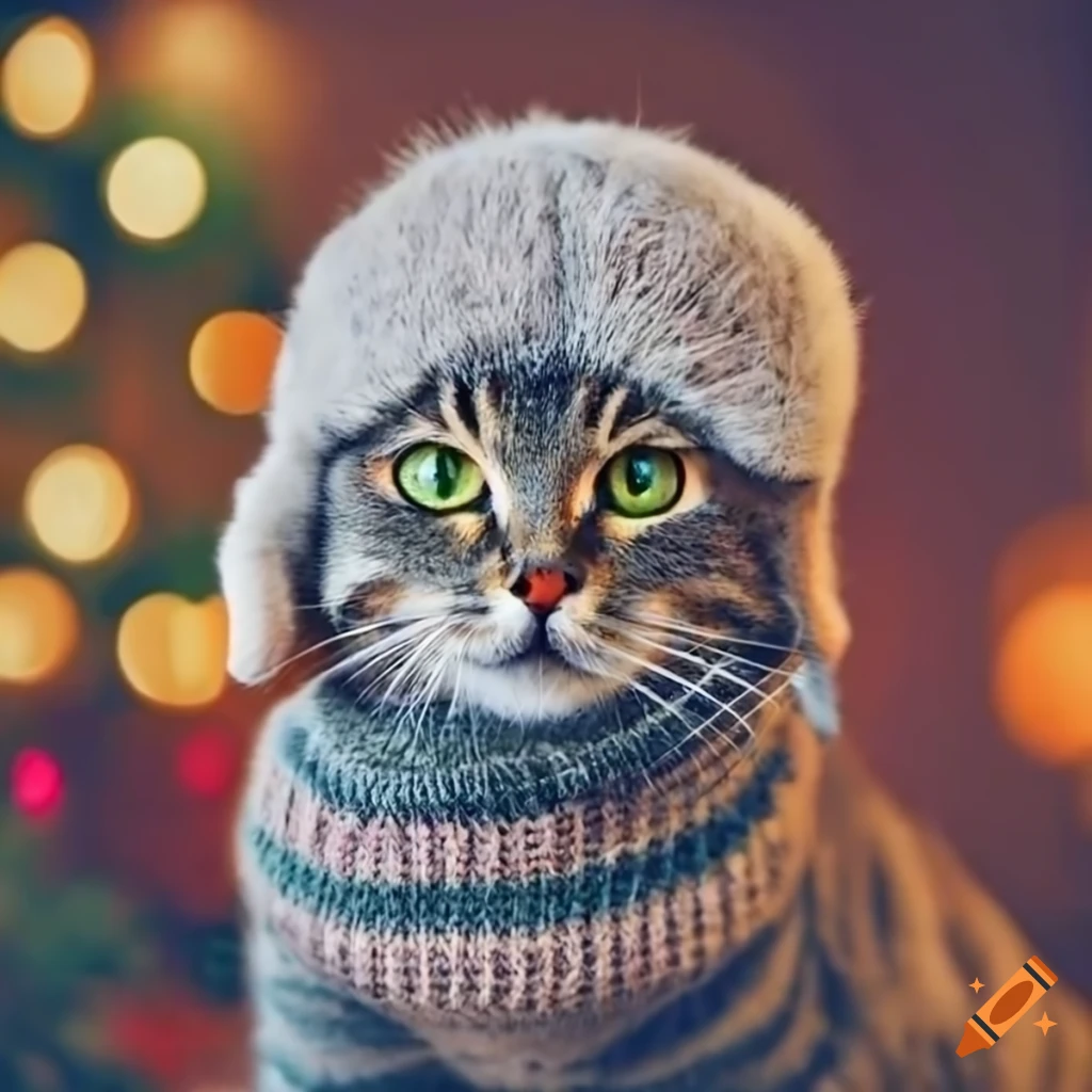 Cat in sweater and trapper hat with christmas tree on Craiyon
