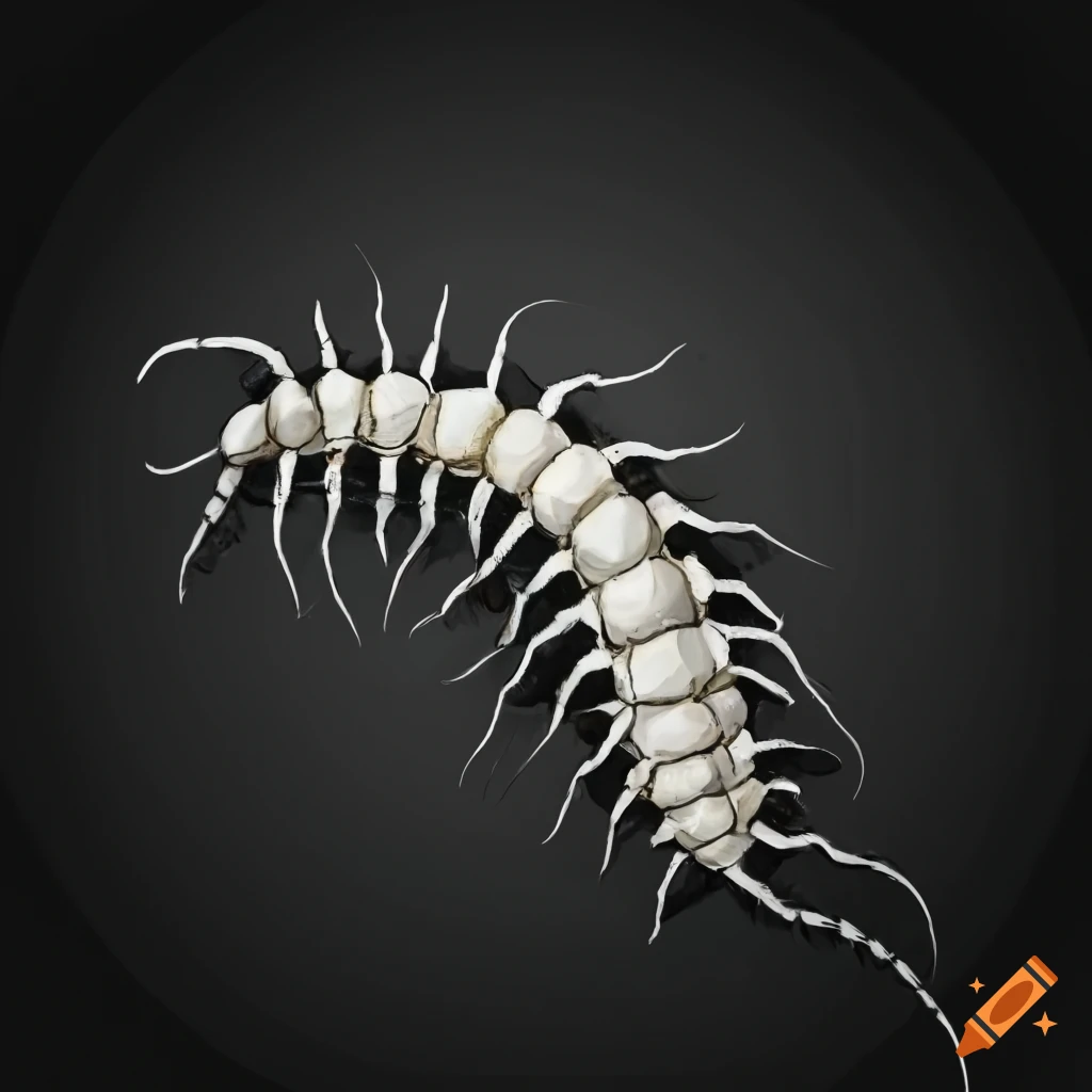 Black and white close up of a white centipede on Craiyon