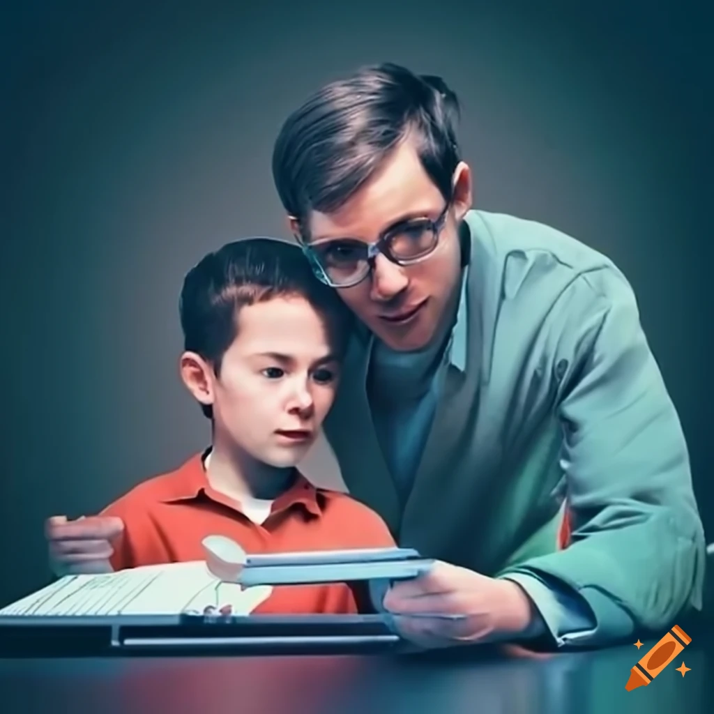 Image of a wise inventor teaching a young apprentice on Craiyon