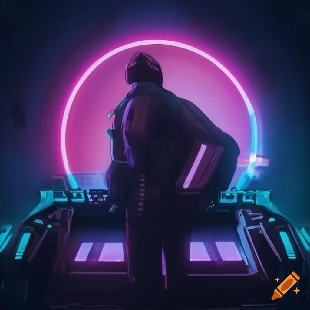 Synthwave wanderer in spaceship cockpit on Craiyon