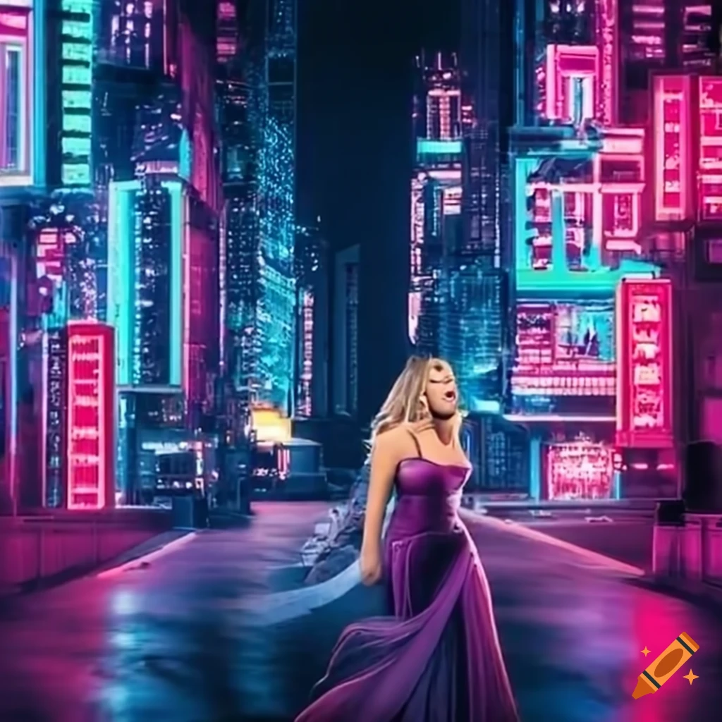 Mariah carey entering a neon-lit city on Craiyon