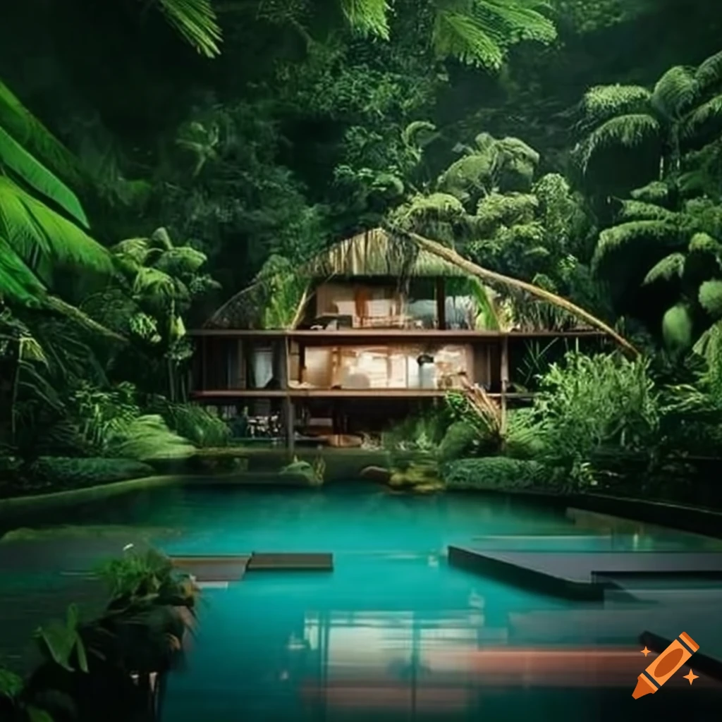 House in a rainforest near a natural pool