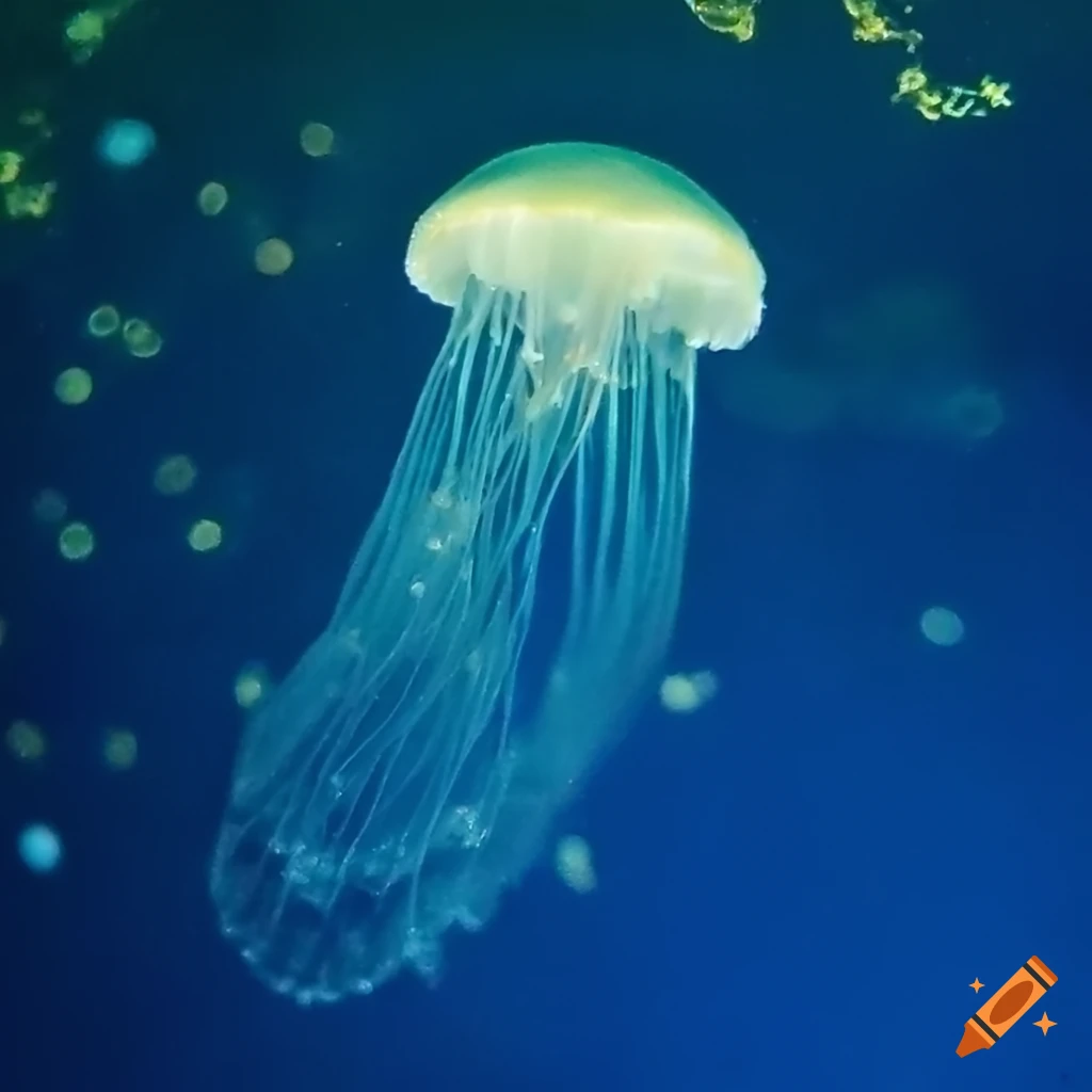 Close-up of a glowing jellyfish in dark waters on Craiyon