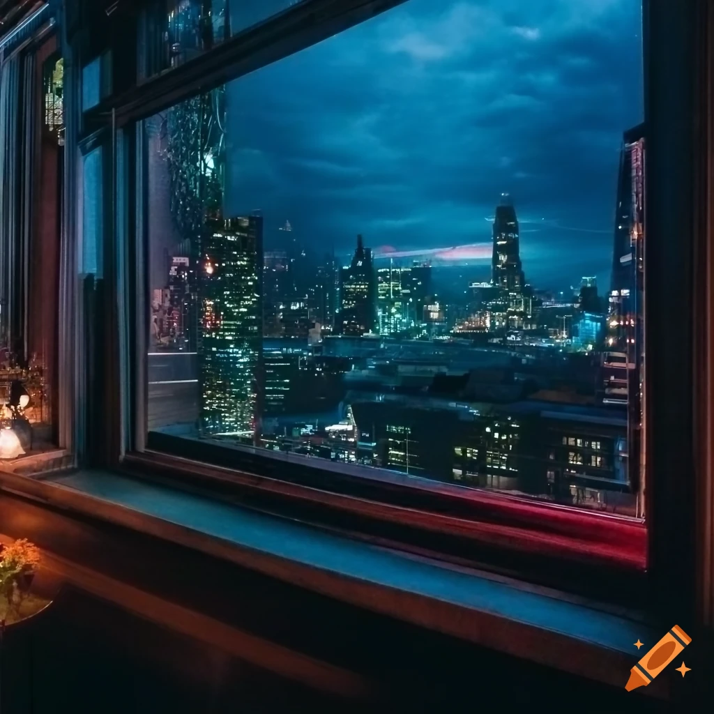View of night cityscape through a wide open victorian window on Craiyon
