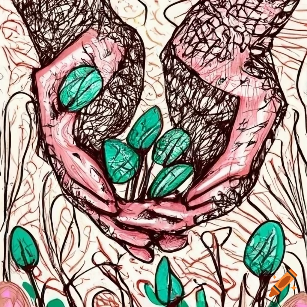 Ink scribble drawing of hands holding up a garden on Craiyon