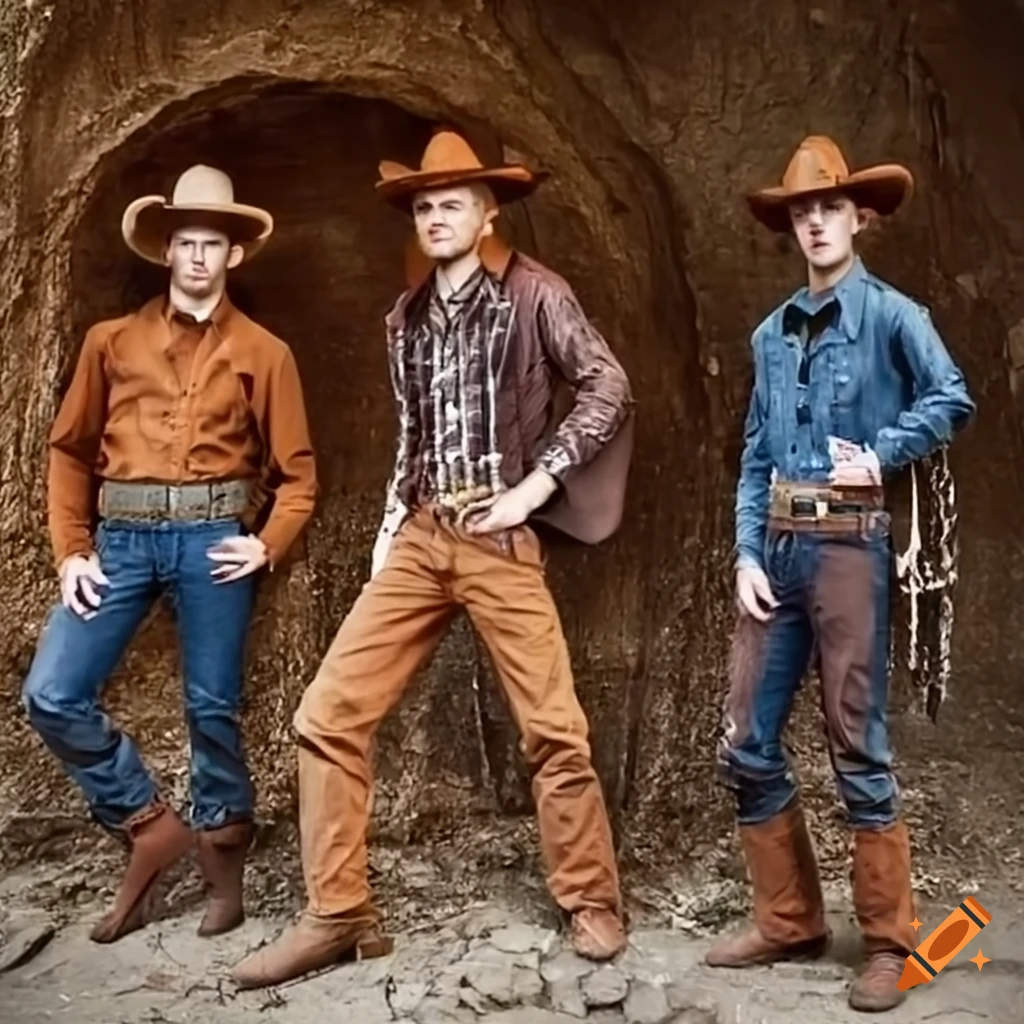 Red-haired men in cowboy outfits at a mine