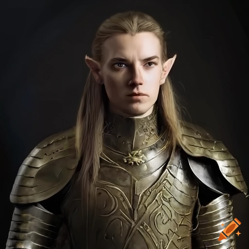 Character design of a male tolkien elf in bronze armor