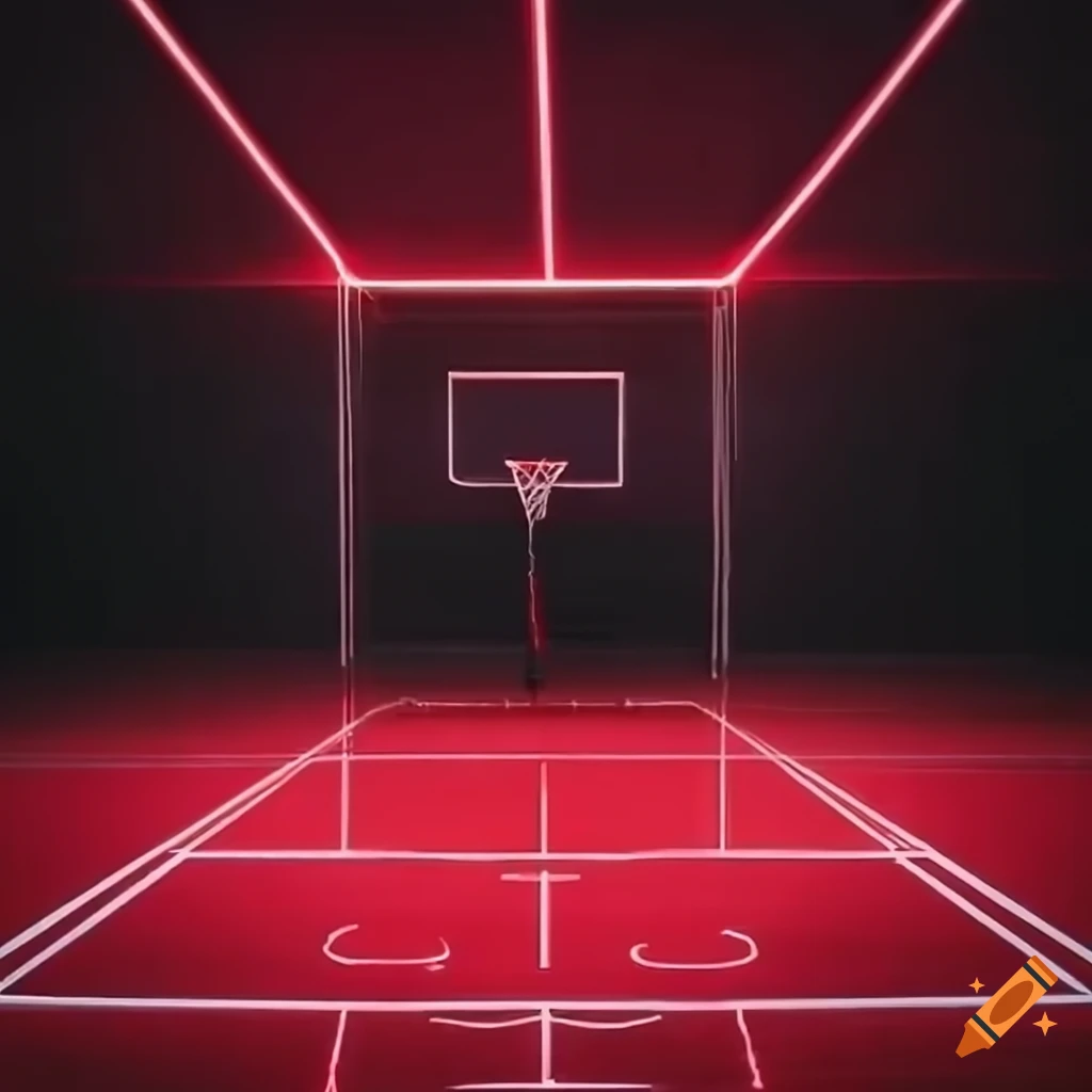 Basketball court with red neon lights on Craiyon