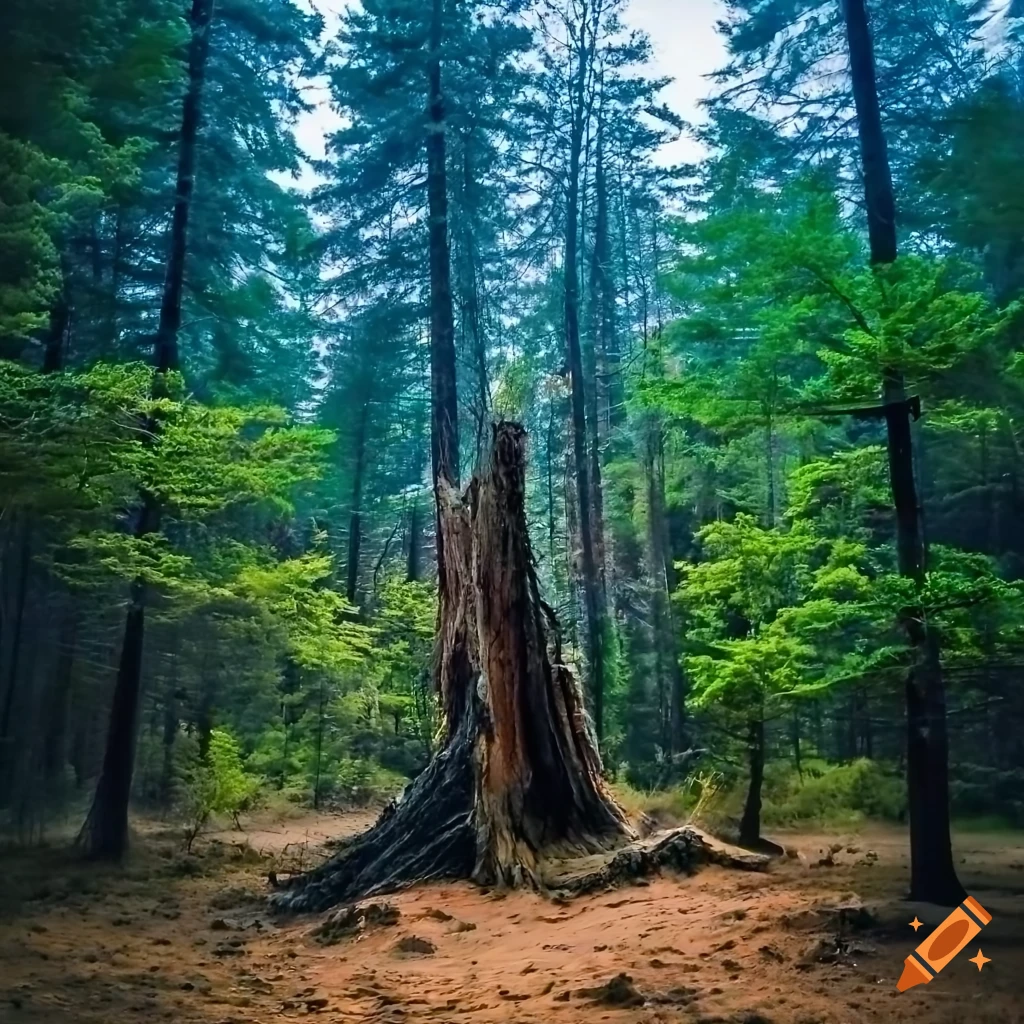 Wide shot of a big tree stump in a pine forest on Craiyon