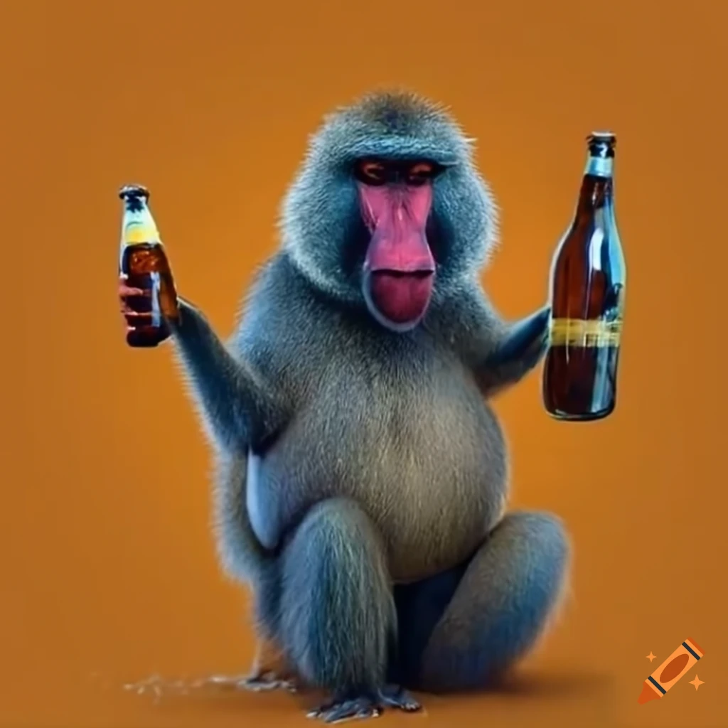 Humorous image of a baboon with a beer bottle in Kyiv on Craiyon