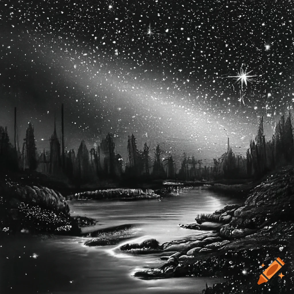 Night sky over a spring river flood