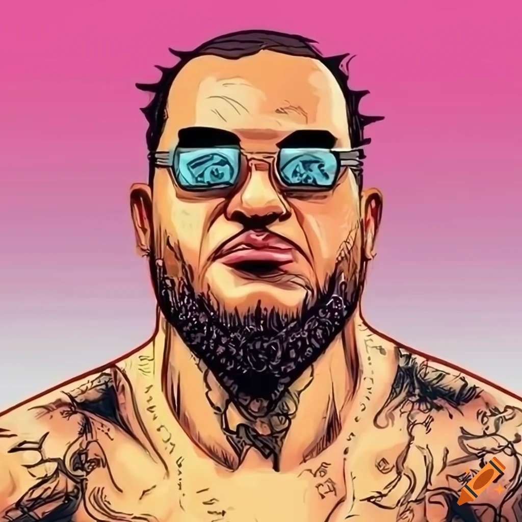 Cartoon art of a brazilian man with a neck tattoo