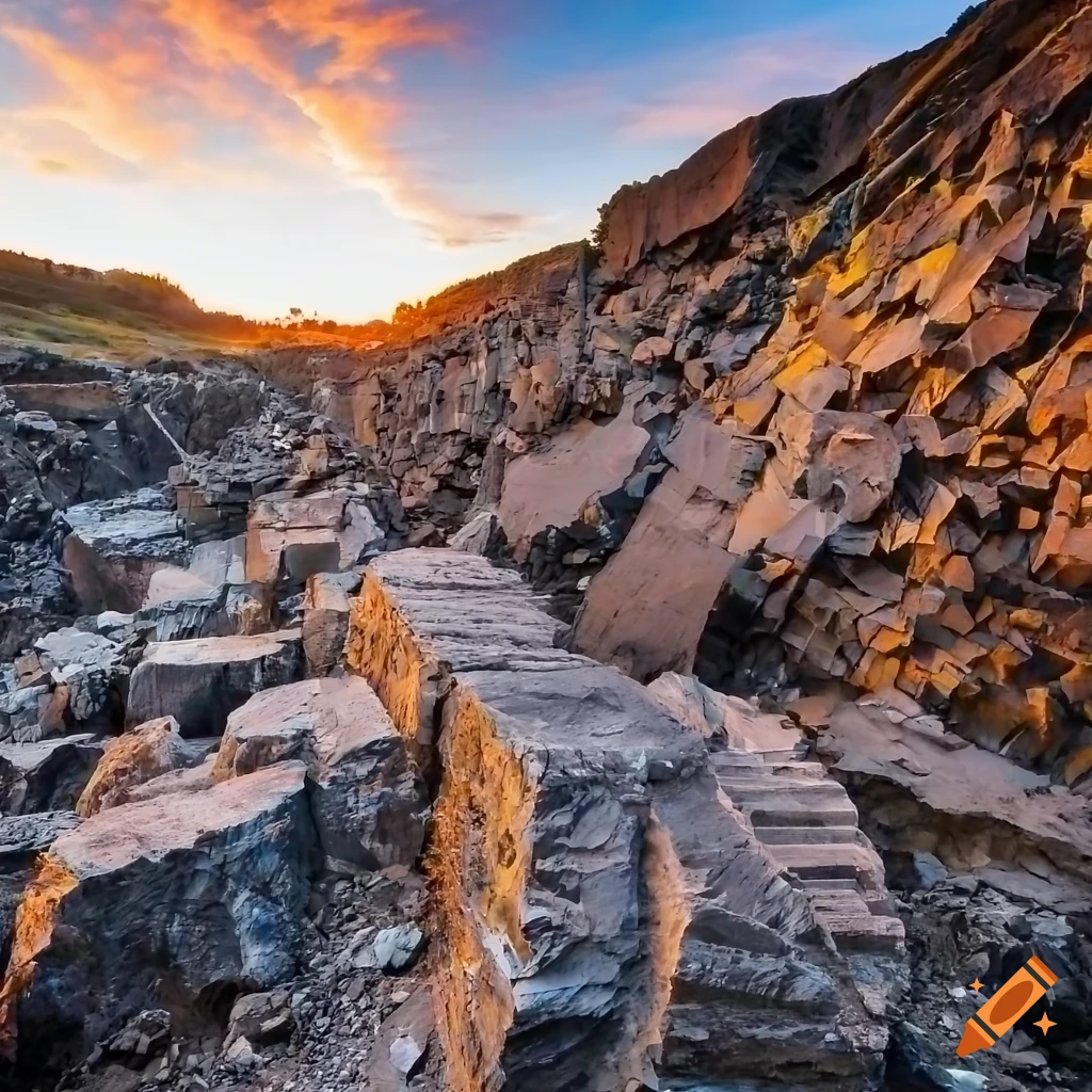 Autumn sunset view of a closeup basalt excavation