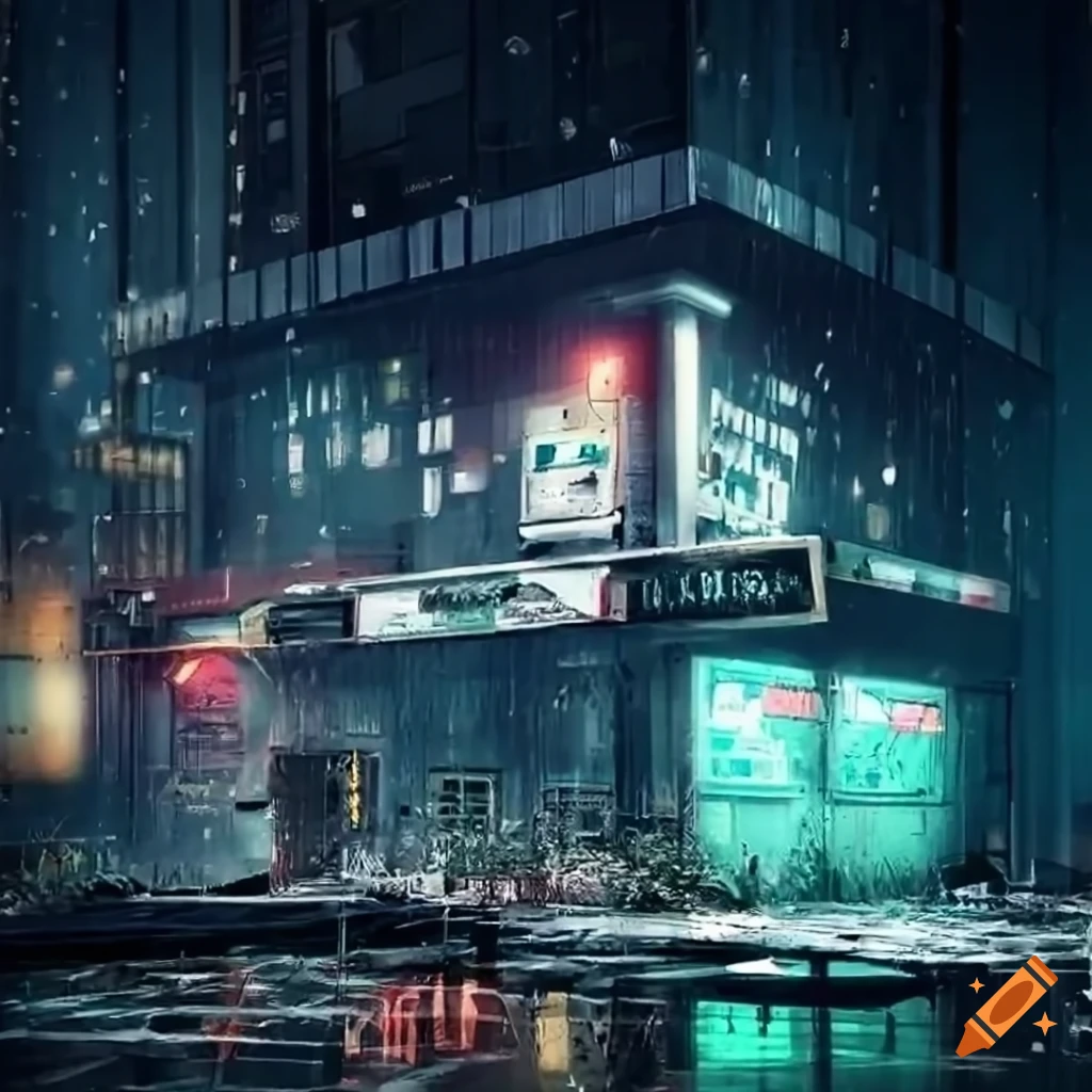 Dystopian cityscape with an abandoned video game store on Craiyon