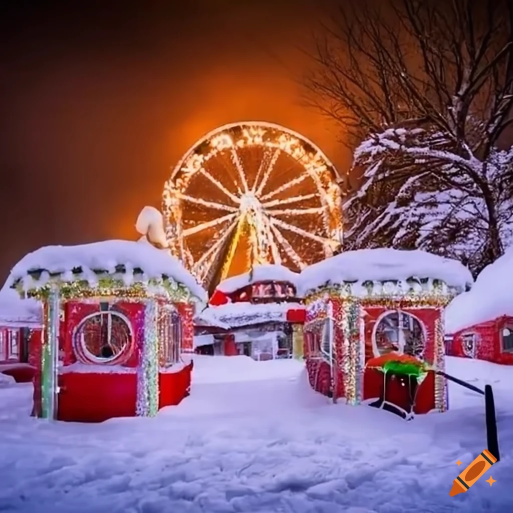 Snow-covered amusement park with christmas decorations