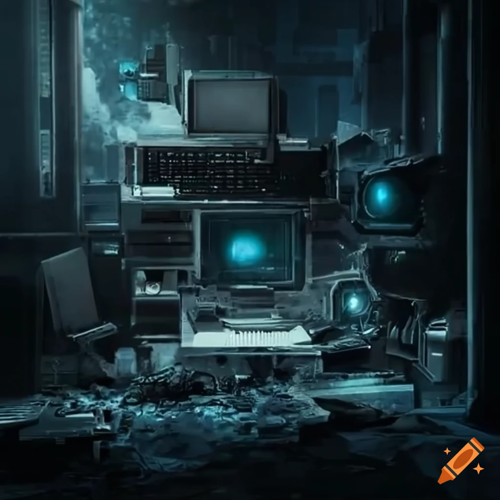 Dark and futuristic scene with destroyed instruments and computers