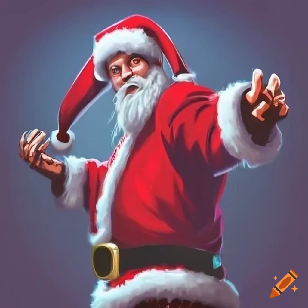 Santa claus with a hadouken in a 2d drawing
