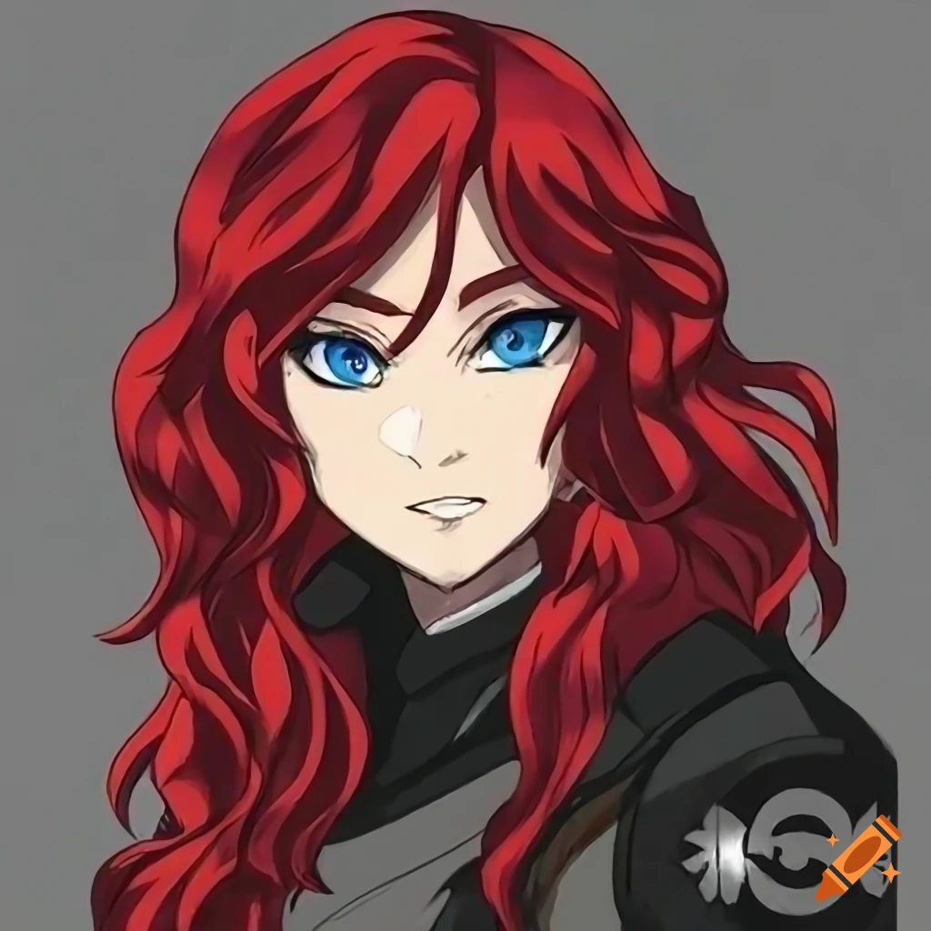 Manga-style female rogue with wavy dark blood-red hair and blue eyes