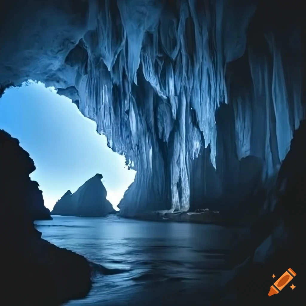 Artistic depiction of a cave in shades of blue