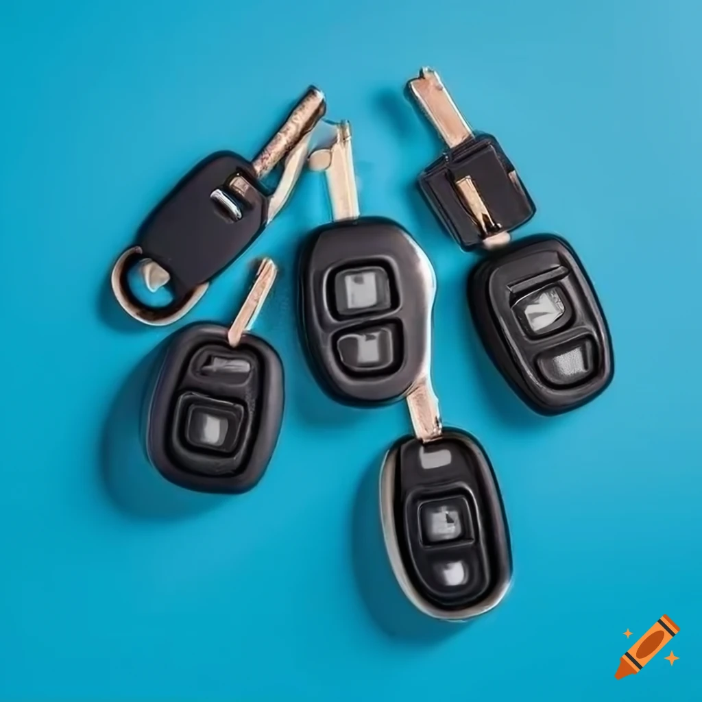 Pile of car key fobs on light blue background