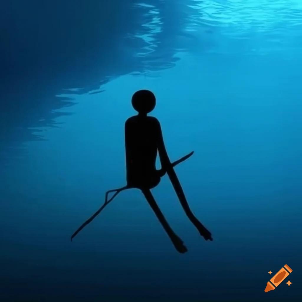 Minimalist illustration of a black figure underwater on Craiyon