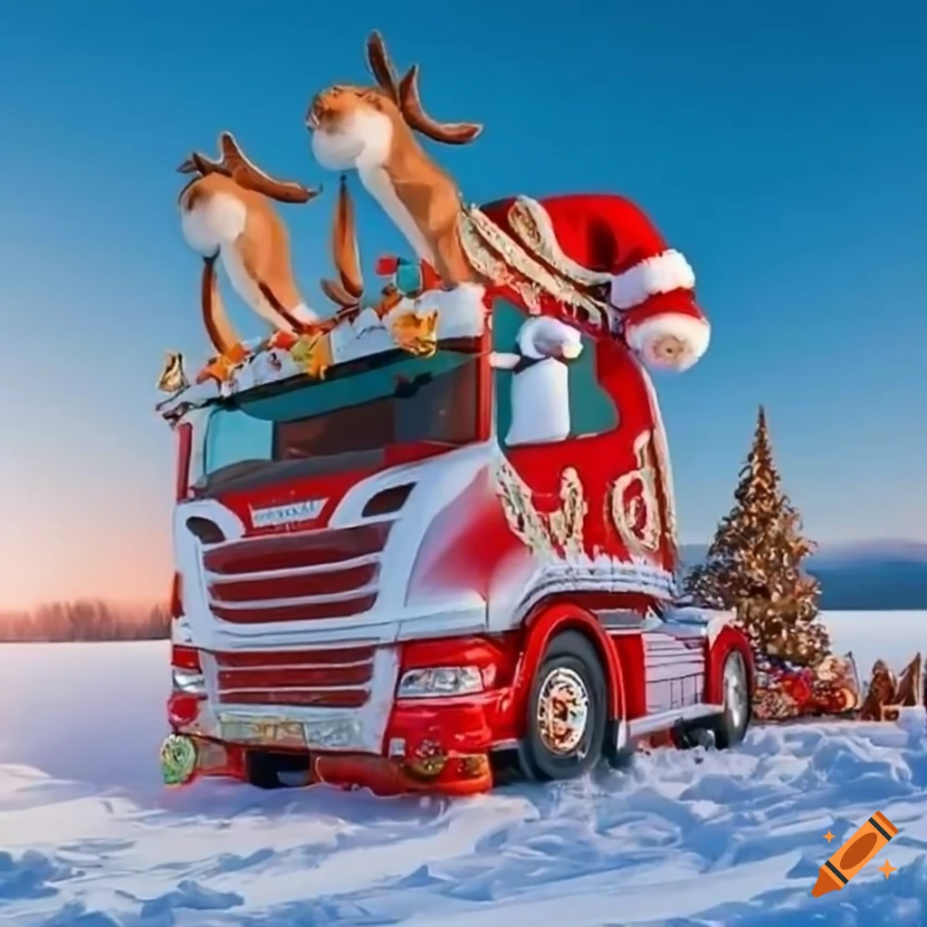 Festive scania truck in a winter landscape on Craiyon