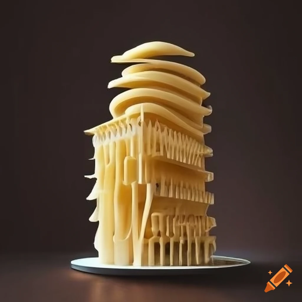 Artwork depicting italian buildings made of pasta