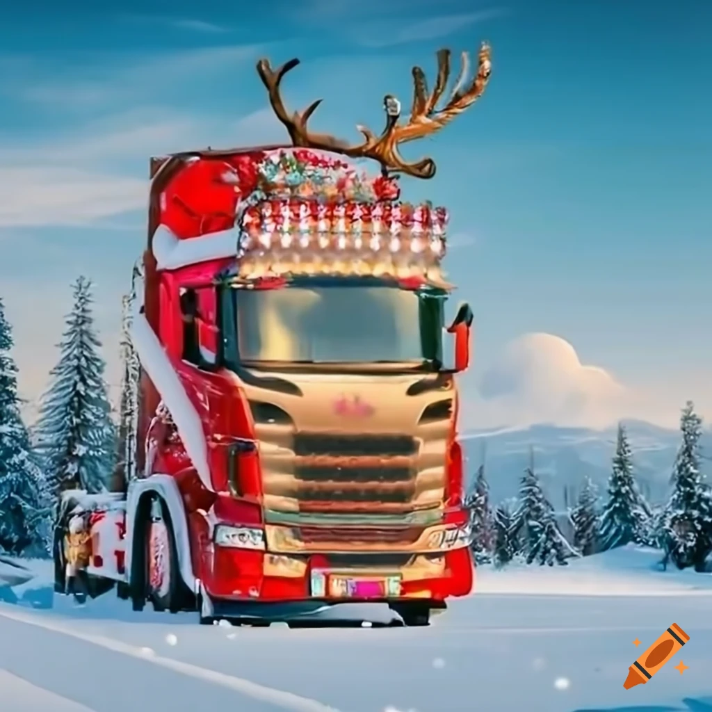 Festive scania truck in a winter landscape on Craiyon