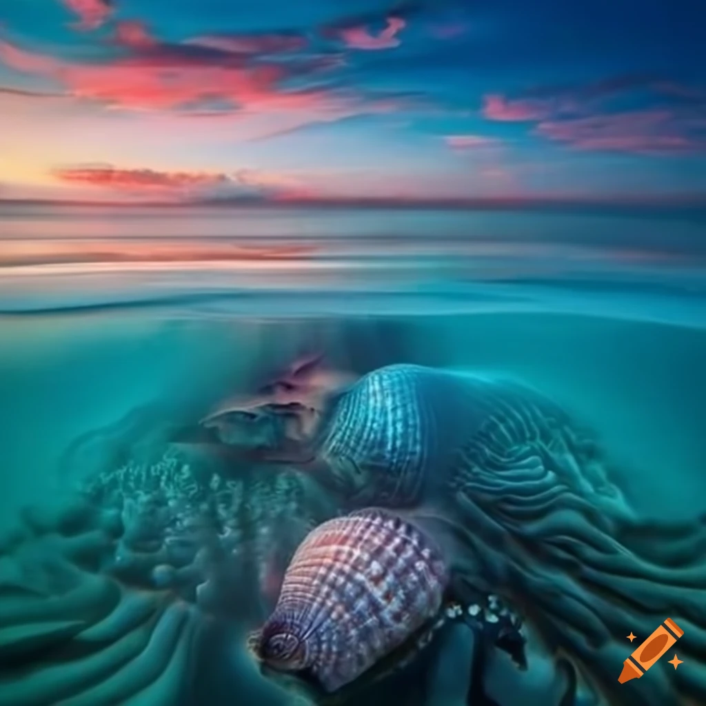 Surreal beach with fantastic shells, waves, flowers and clouds