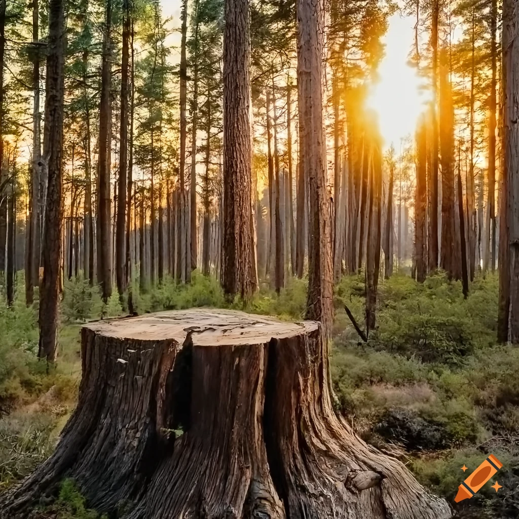 Sunset view of a distant tree stump in a pine forest