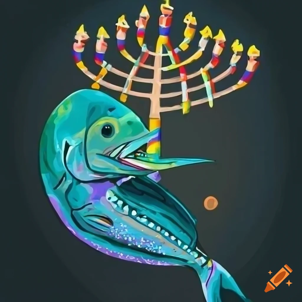 Colorful cartoon illustration of a fish menorah on Craiyon