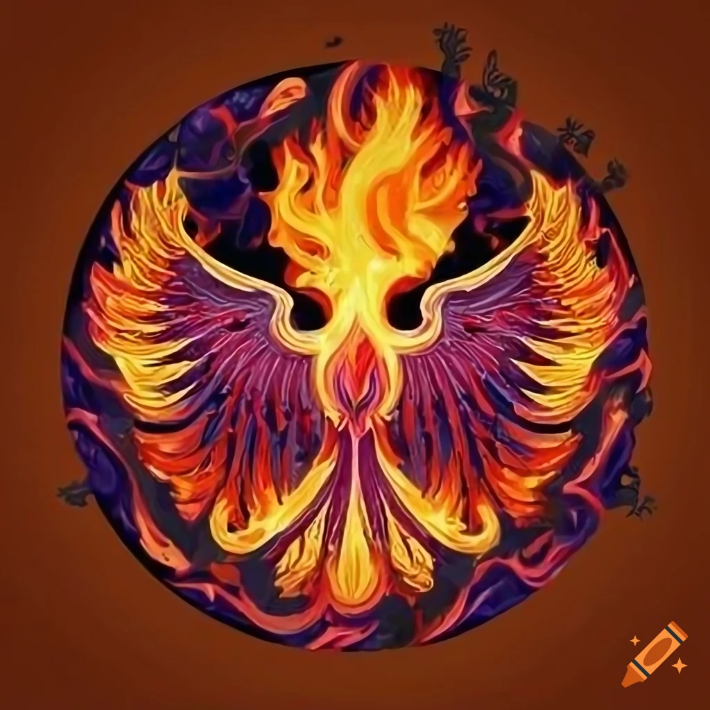 Anime-style phoenix coat of arms in fire colors
