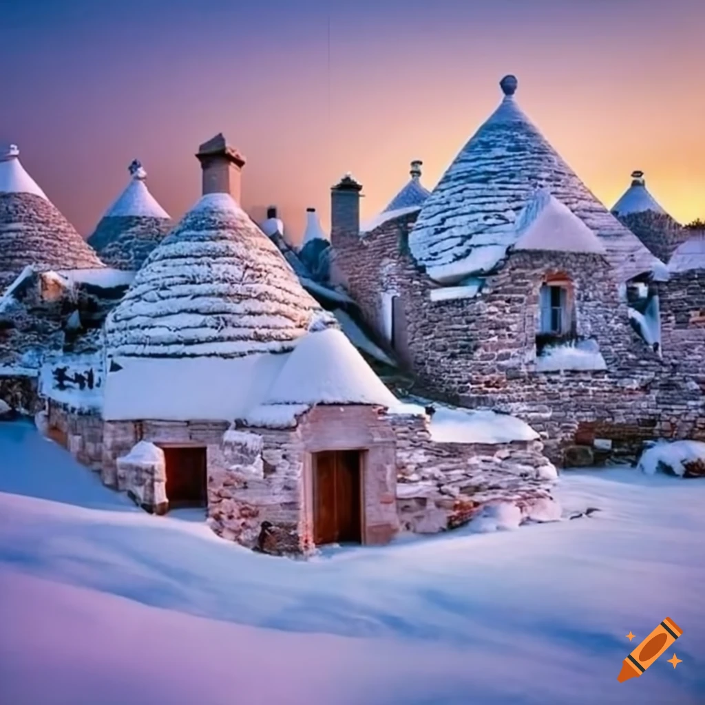 Charming italian trulli houses in the snow