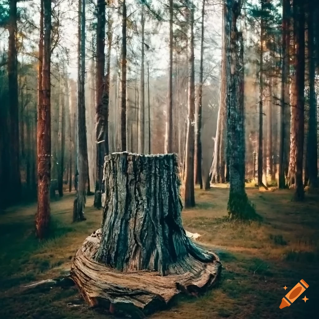 Movie poster of a lone tree stump in a pine forest under a red moon on ...
