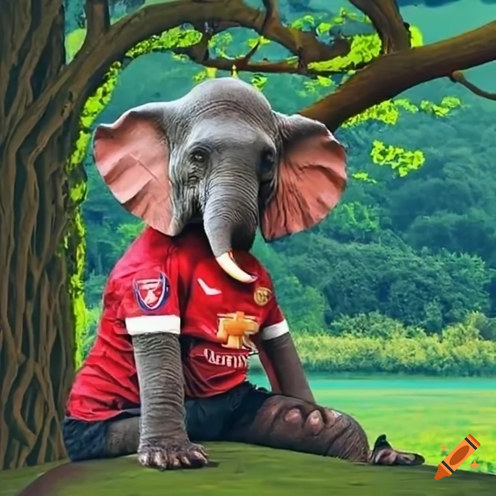Elephant wearing an arsenal shirt sitting on a tree on Craiyon