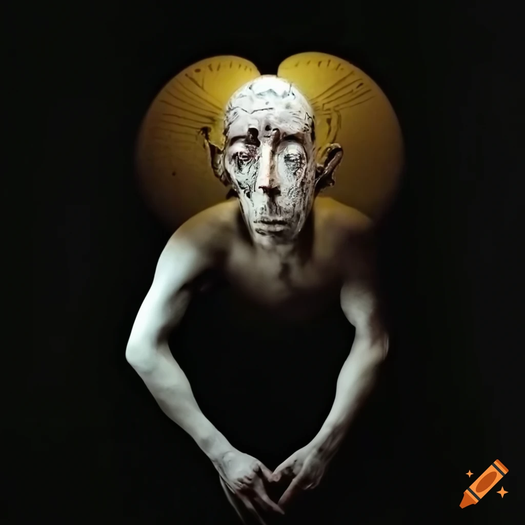 Surreal depiction of a running clock-headed man on black background on ...