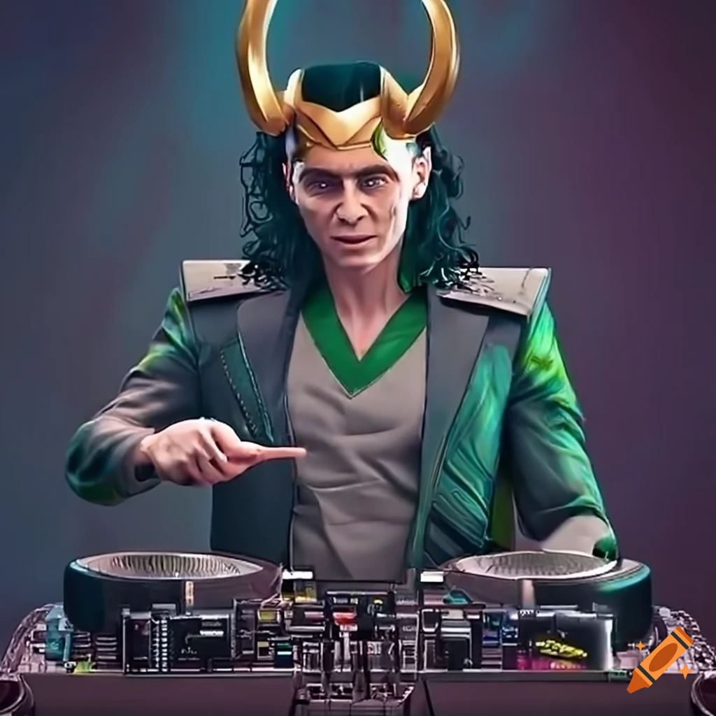 Digital art of loki playing dj console