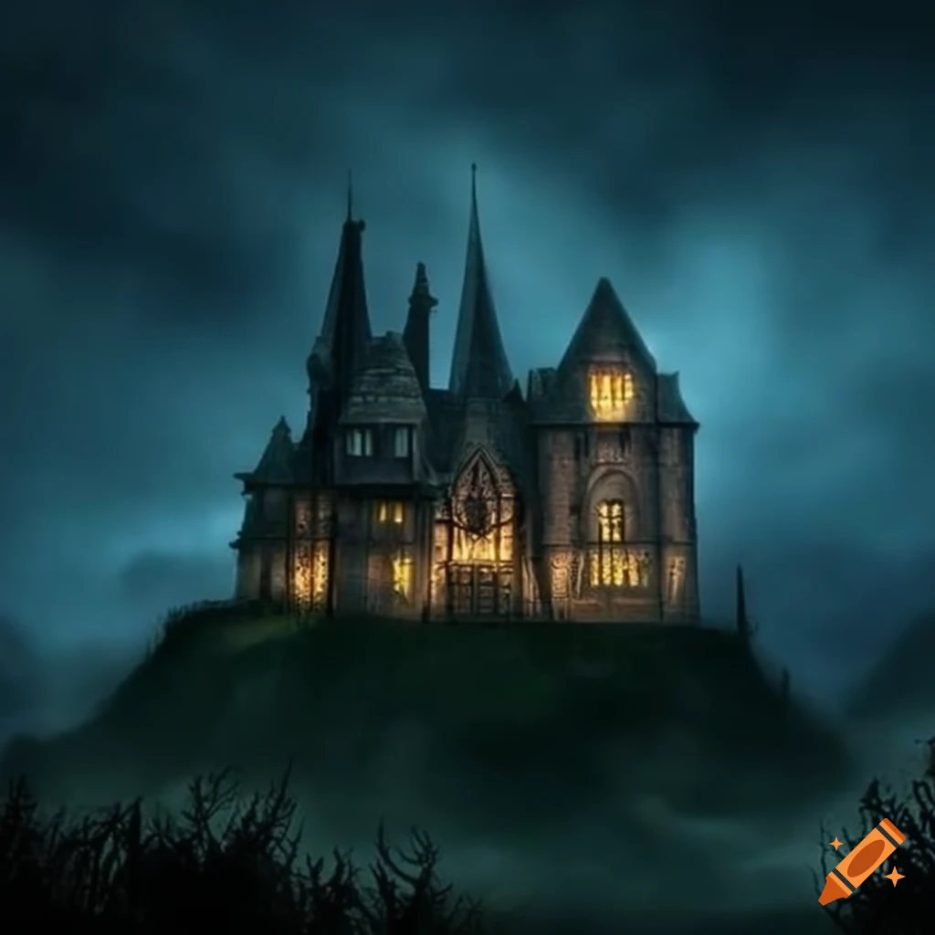 Night view of a dark manor on a hill with lights