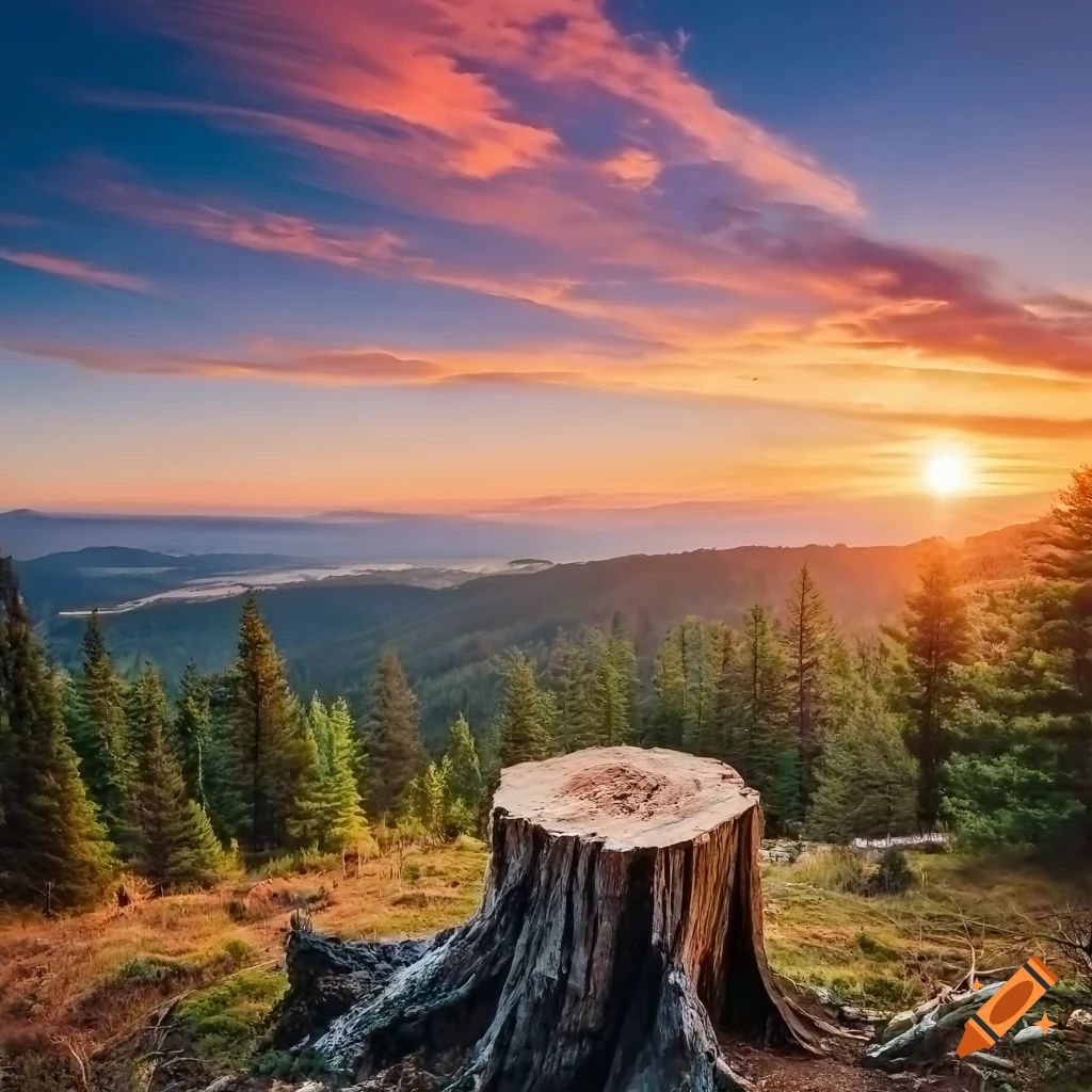 Sunset view of a big tree stump in a pine forest