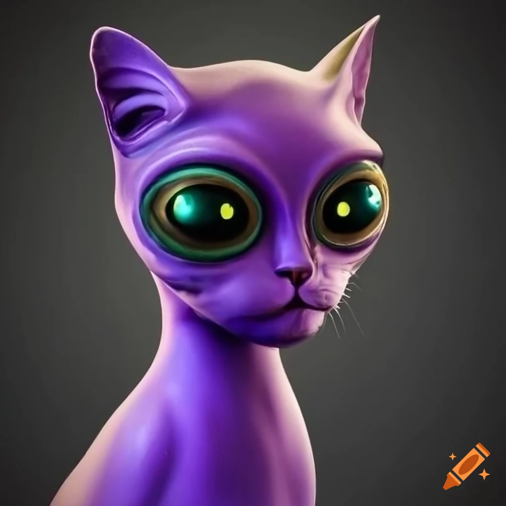 Violet and black alien cat with sunflower-shaped head