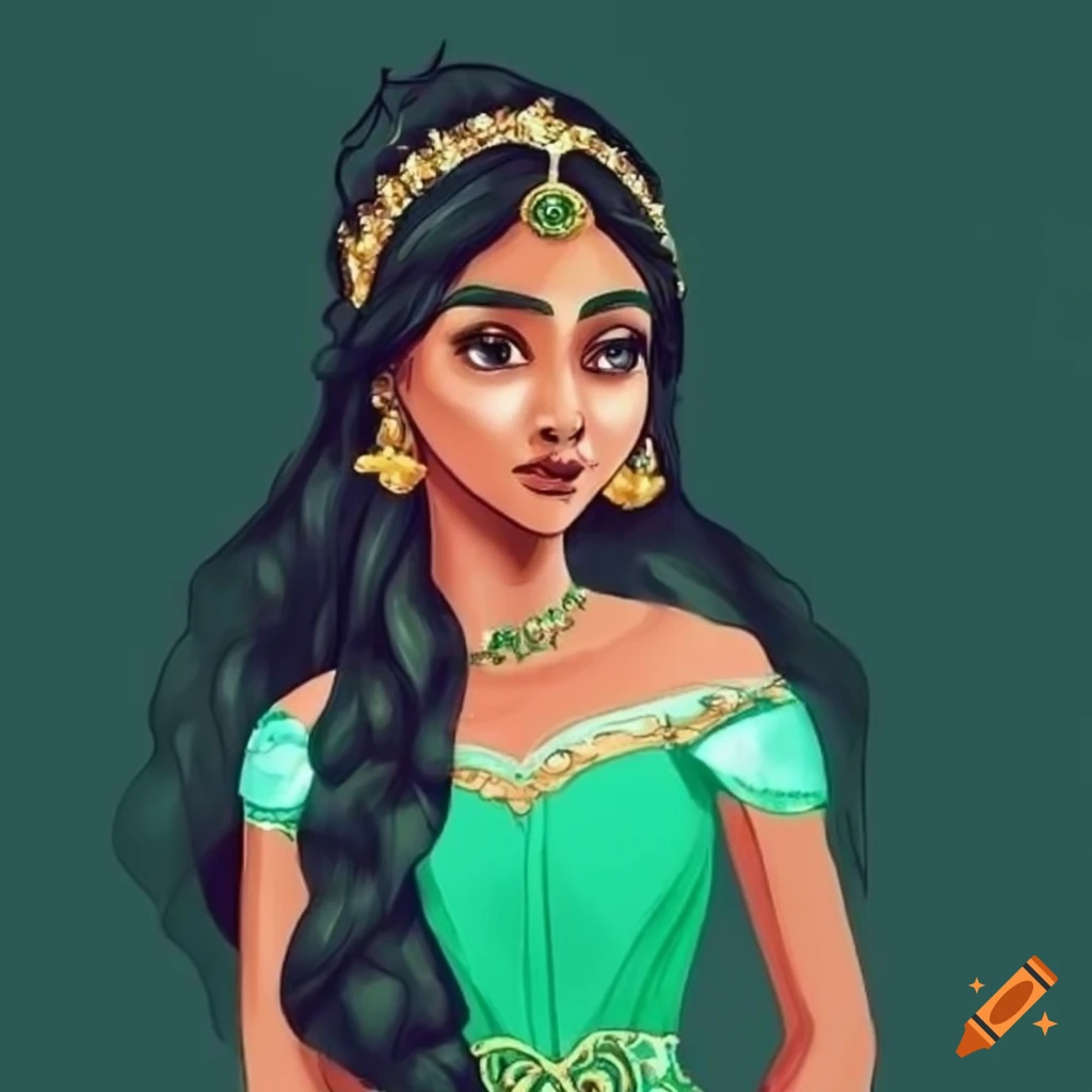 Illustration of an indian princess with a green dress on Craiyon