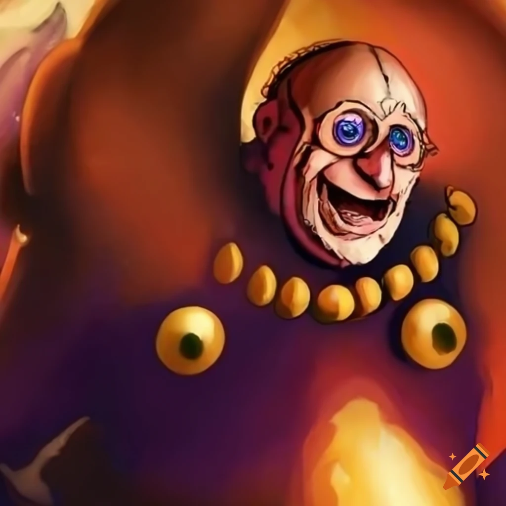 Depiction of an unhinged and emaciated character