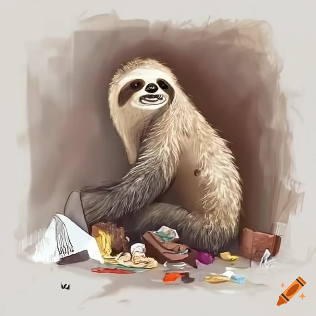 Sloth surrounded by garbage in a room on Craiyon