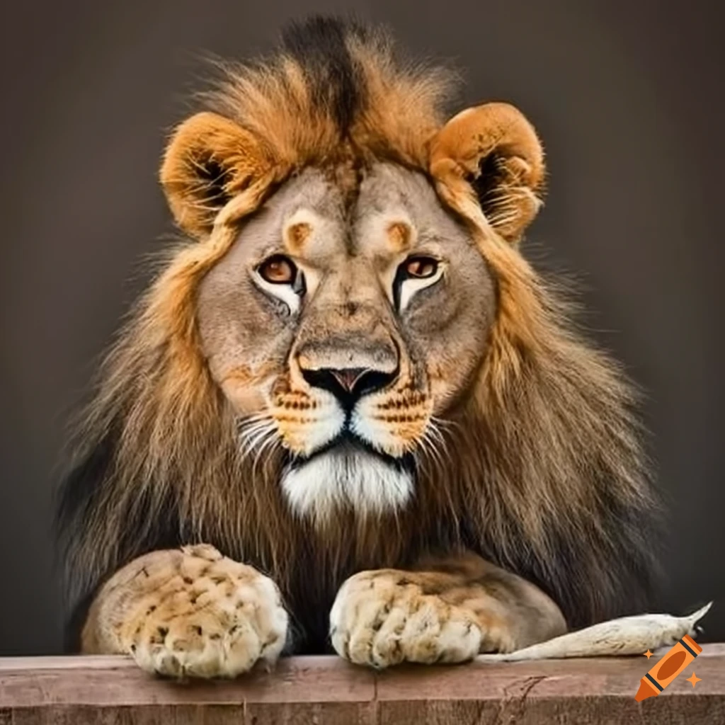 Scary lion with intense eyes on a box on Craiyon