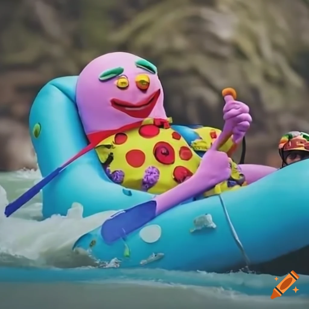 Humorous illustration of mr blobby whitewater rafting