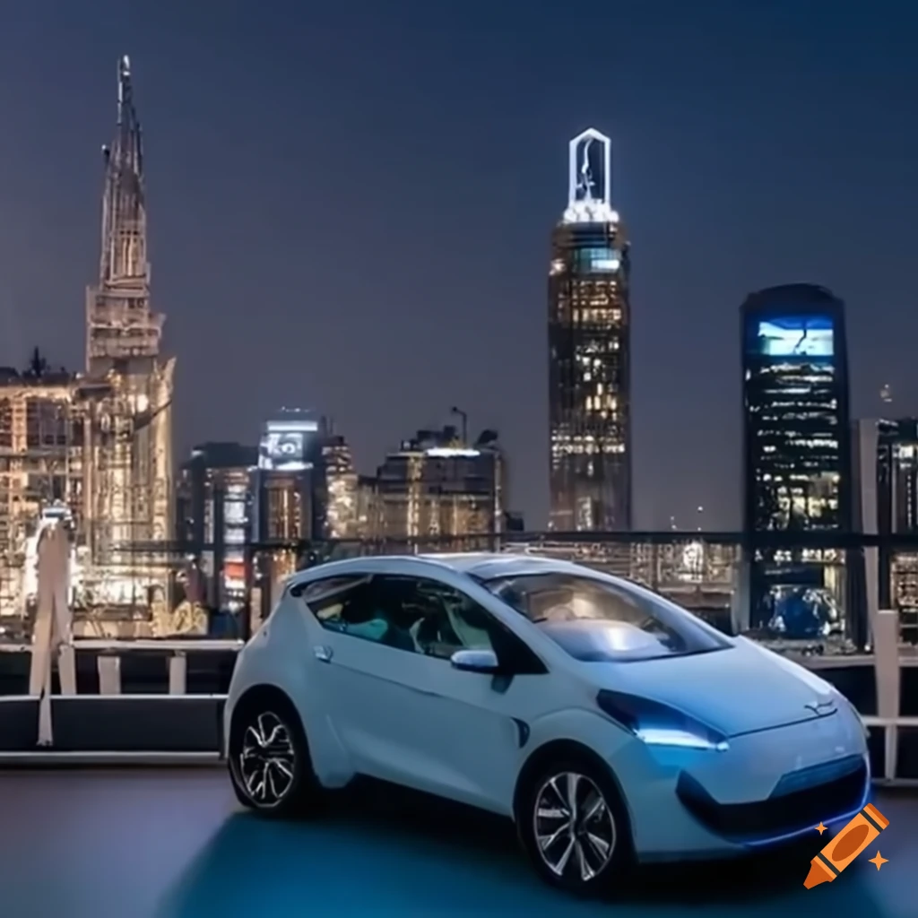 Coche electrico con panel solar en ciudad futurista