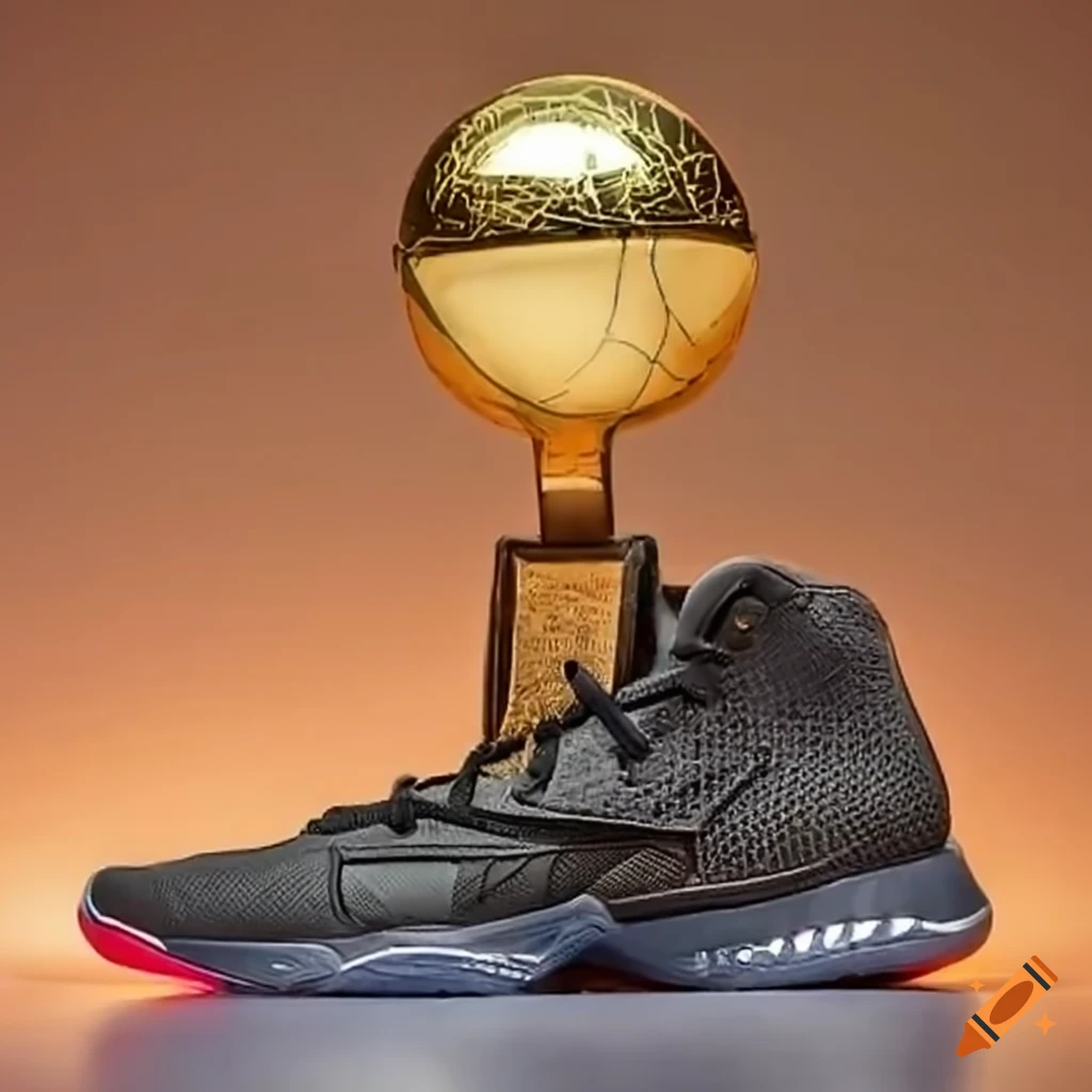 Basketball shoe in front of nba championship trophy