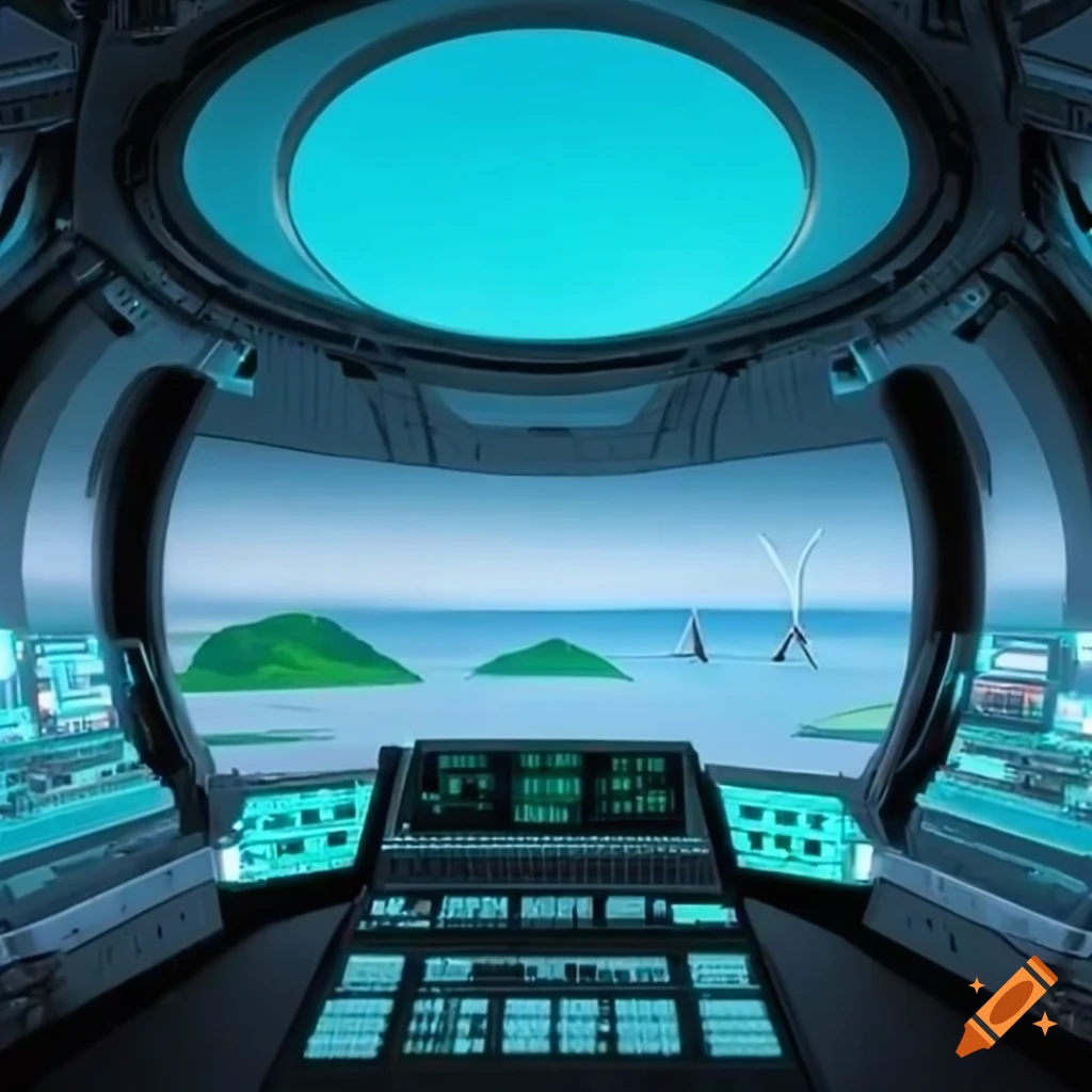 Futuristic control room with wind farm display
