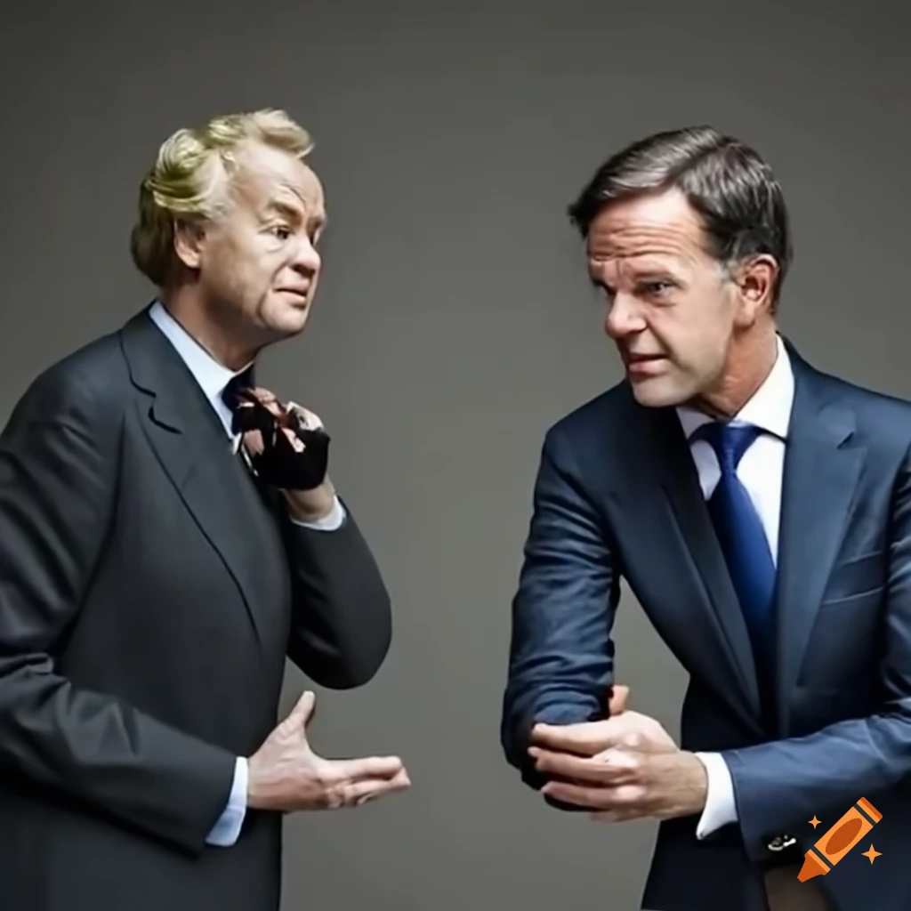 Cartoon of geert wilders and mark rutte freestyling