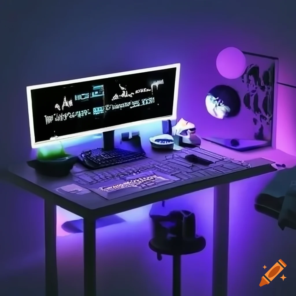 Desk setup of a girl coding at night with electrical lights on Craiyon